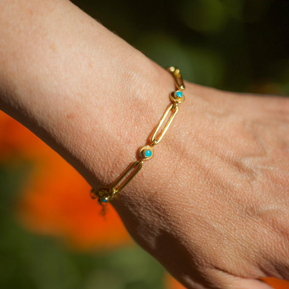 La Bala Chain Bracelet with Sleeping Beauty Turquoise in 24k Gold Verm ...